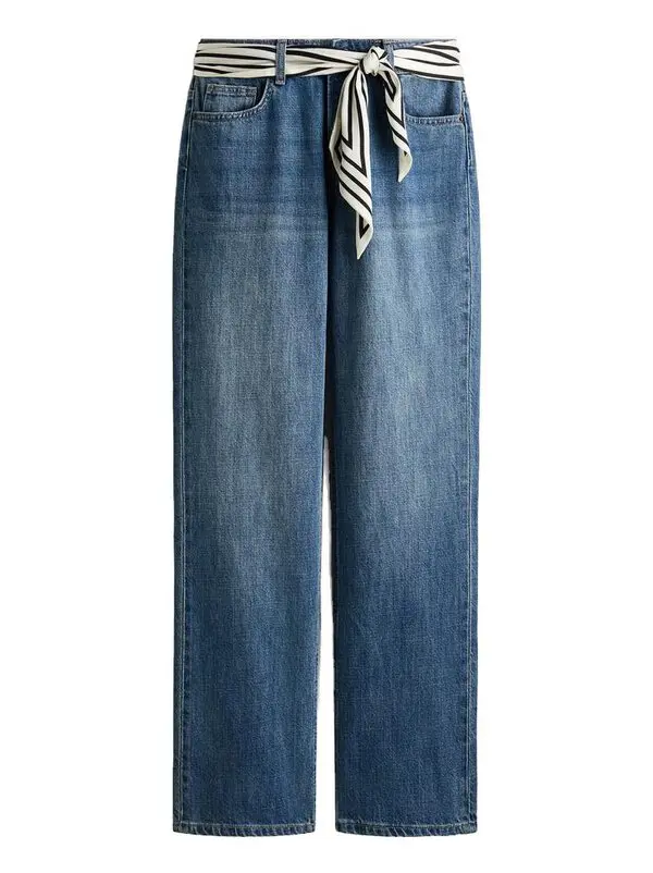 H&m Straight Regular Waist Jeans With Scarf - Denim Blue