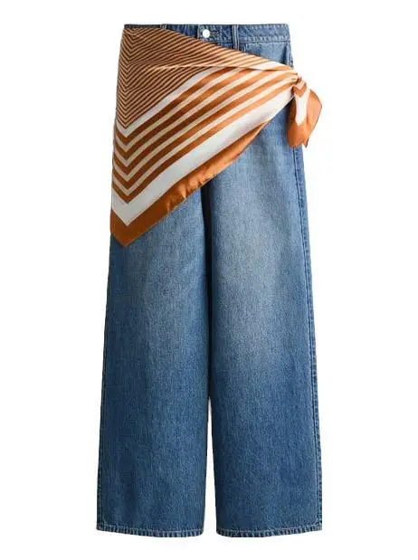 H&m Straight High Waist Jeans With Detachable Scarf - Denim Blue/orange