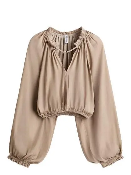 H&m Balloon-sleeved Blouse With Frill Collar - Beige