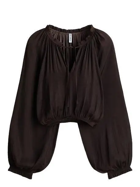 H&m Balloon-sleeved Blouse With Frill Collar - Dark Brown