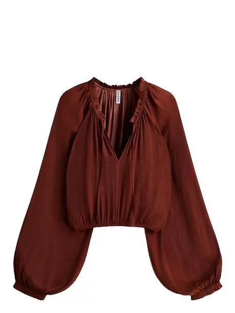H&m Balloon-sleeved Blouse With Frill Collar - Rust Brown