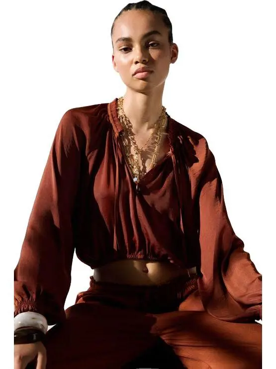 H&m Balloon-sleeved Blouse With Frill Collar - Rust Brown