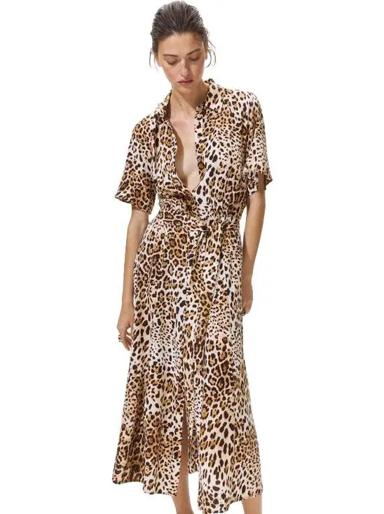 H&m Belted Tie Shirt Dress With Raglan Sleeves - Light Beige/leopard Print