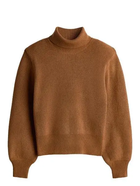 H&m Ribbed Roll Neck Jumper With Padded Shoulders - Brown
