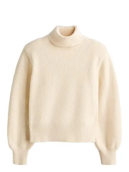 H&m Ribbed Roll Neck Jumper With Padded Shoulders - Cream