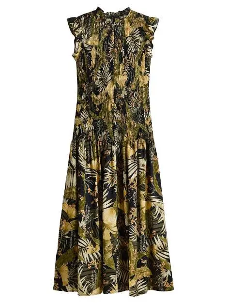 H&m Smocked Midi Dress With Frill Collar - Black/floral