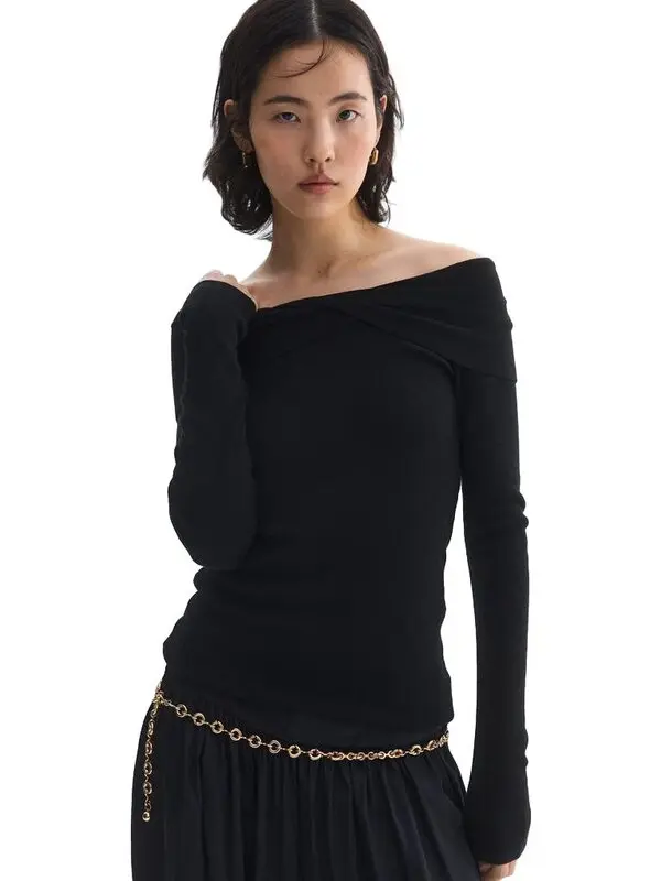 H&m Off-the-shoulder Fine Knit Top With Twisted Detail - Black