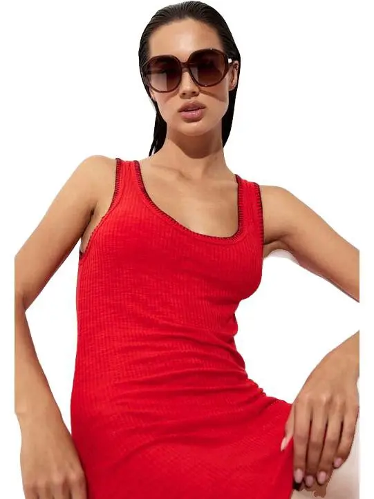 H&m Rib-knit Dress With Contrast Whipstitching - Red