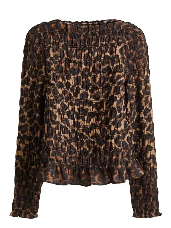 H&m Smocked Top With Frill Trims - Beige/leopard Print