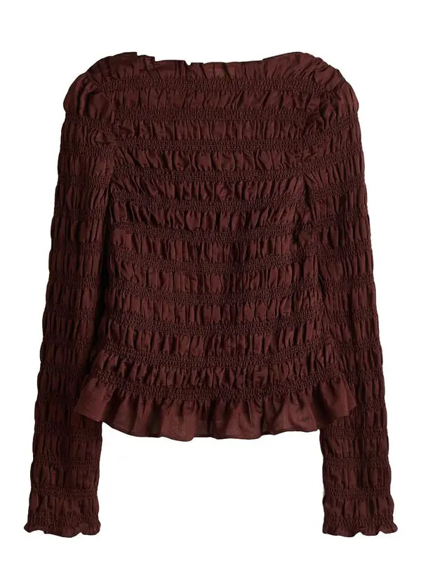 H&m Smocked Top With Frill Trims - Rust Brown