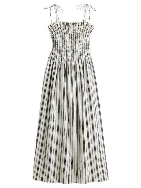 H&m Smocked Bodice Tie-strap Striped Midi Dress - White/striped