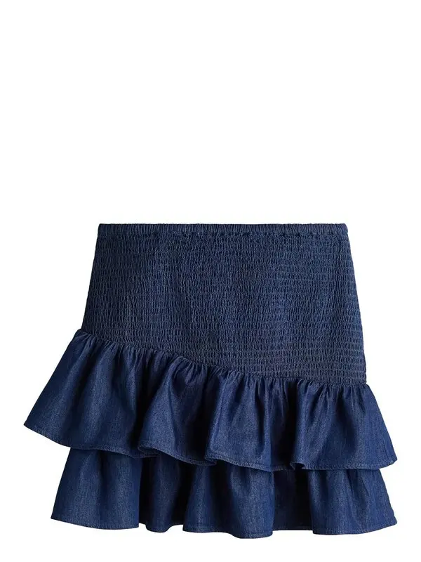 H&m Smocked Tiered Denim Mini Skirt - Dark Denim Blue