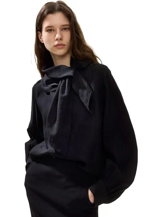 H&m Woven Shirt With Detachable Scarf Detail - Black