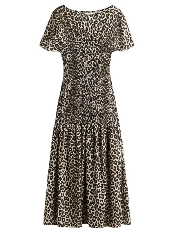 H&m Smocked Detail Ankle-length Dress - Light Beige/leopard Print