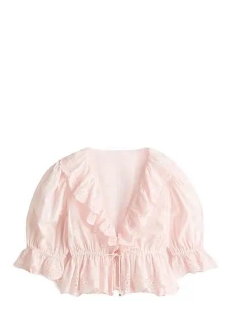 H&m Broderie Anglaise Cotton Blouse With Scalloped Edges - Powder Pink