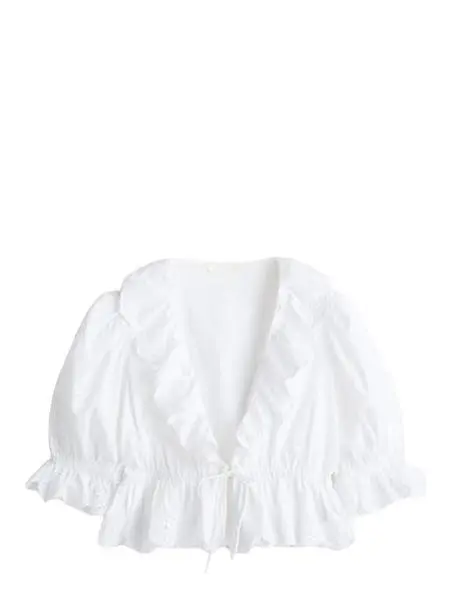 H&m Broderie Anglaise Cotton Blouse With Scalloped Edges - White