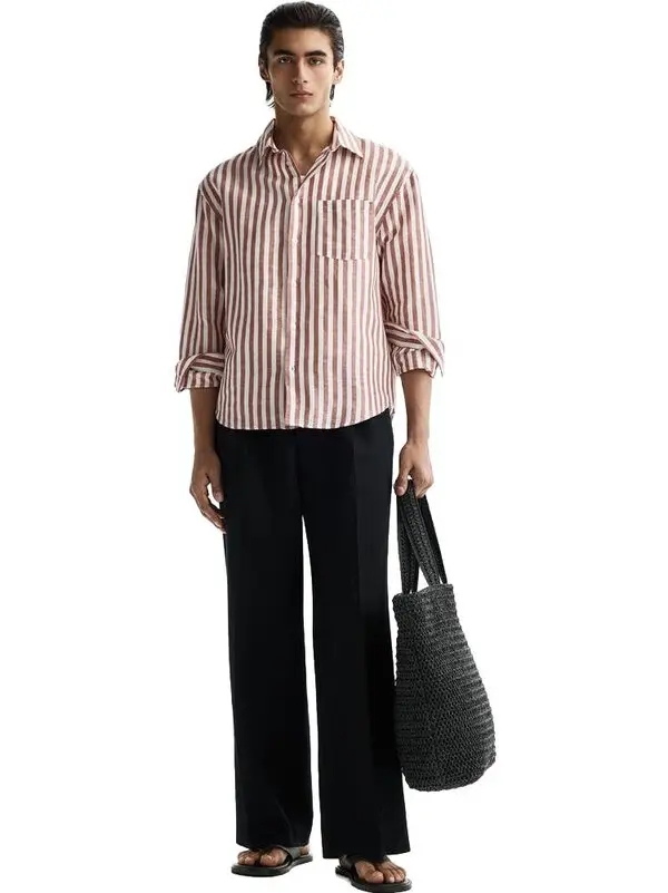H&m Relaxed Fit Linen-blend Shirt - Rust Red/striped