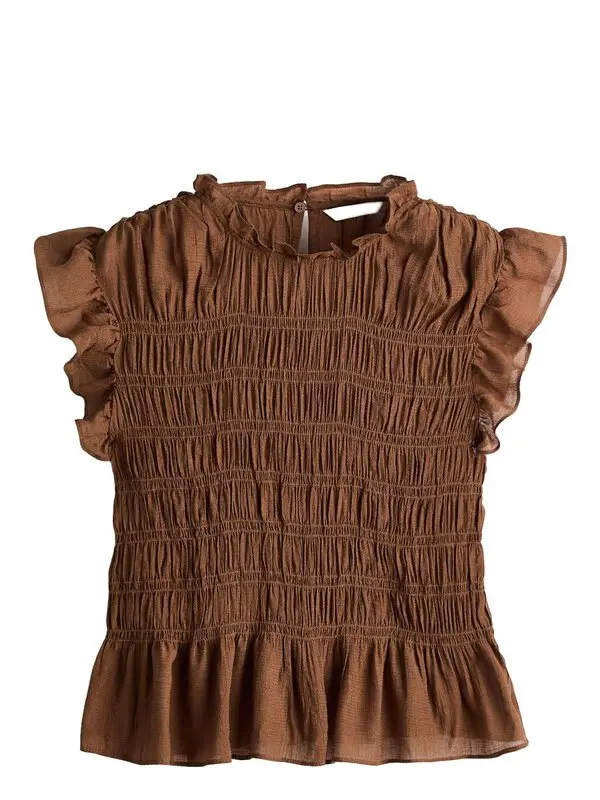 H&m Smocked Peplum Top With Frill Collar - Brown