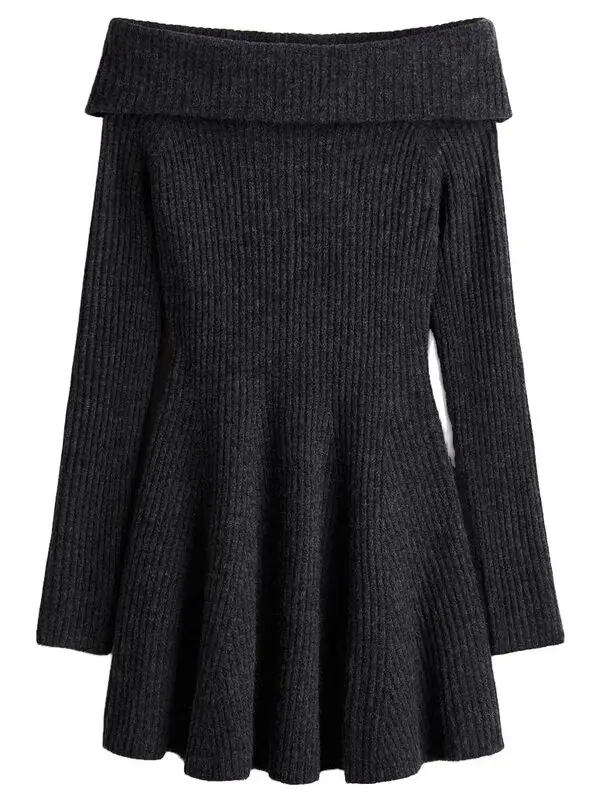 H&m Rib-knit Off-the-shoulder Dress - Dark Gray Melange