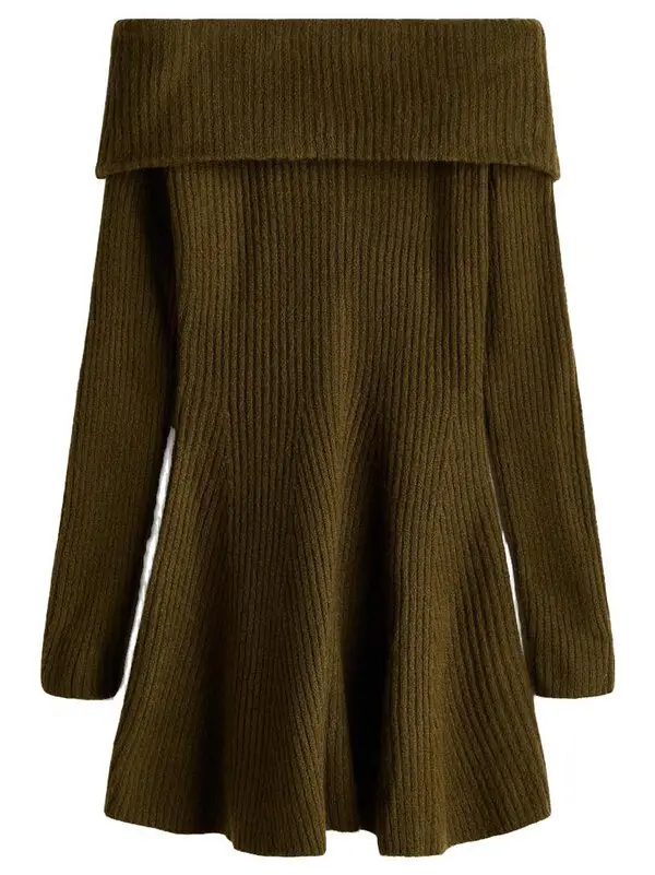 H&m Rib-knit Off-the-shoulder Dress - Dark Khaki Green