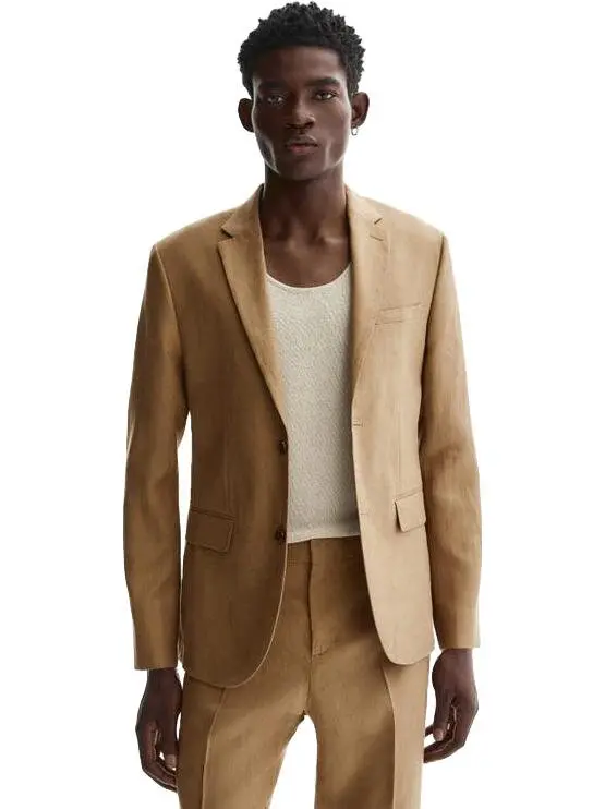 H&M Slim Fit Linen Single-breasted Blazer With Notch Lapels - Beige