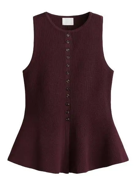 H&m Rib-knit Peplum Waistcoat With Button Front - Burgundy