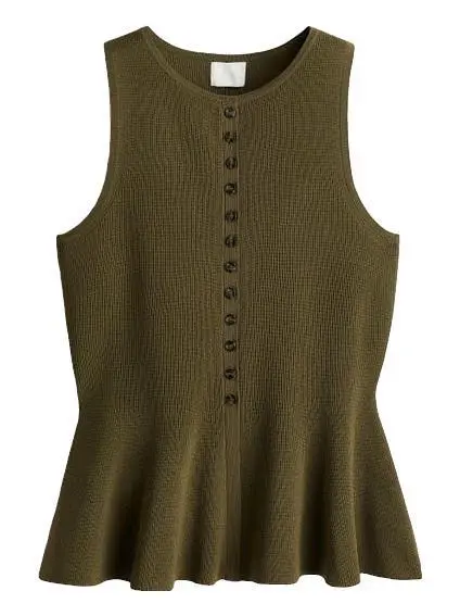 H&m Rib-knit Peplum Waistcoat With Button Front - Dark Khaki Green