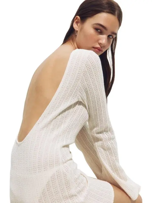 H&m Textured Knit Boat Neck Beach Dress - White
