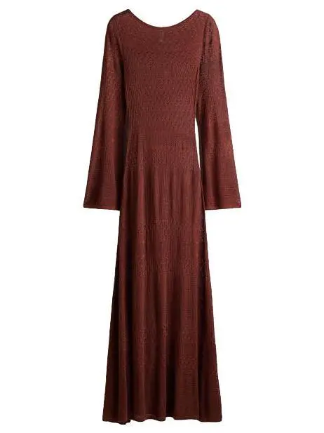 H&m Pointelle-knit Maxi Dress With Trumpet Sleeves - Brown