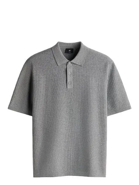 H&m Regular Fit Textured-knit Polo Shirt - Gray