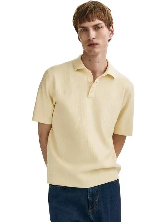 H&m Regular Fit Textured-knit Polo Shirt - Light Yellow