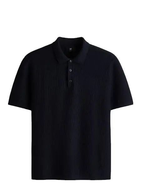 H&m Regular Fit Textured-knit Polo Shirt - Navy Blue