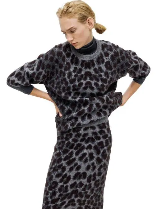 H&M Boxy Jacquard-knit Jumper With Ribbed Neckline - Gray/leopard Print