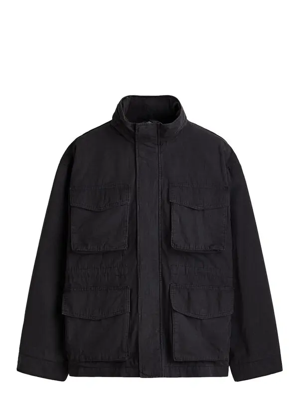 H&m Cargo Jacket With Concealed Hood And Drawstring Waist - Black