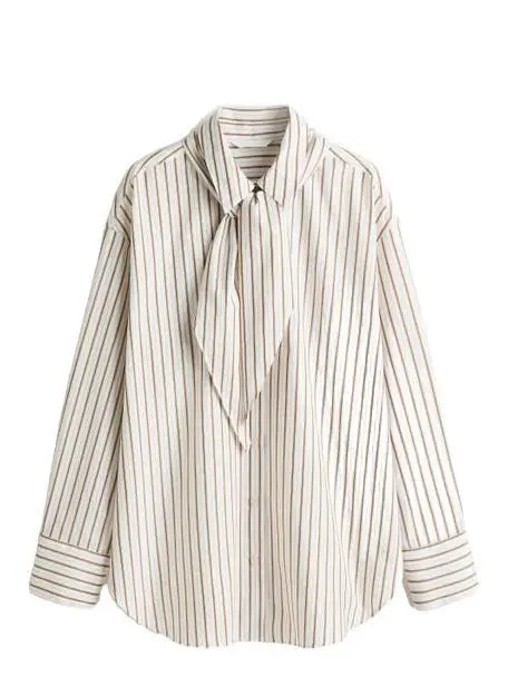 H&m Loose-fit Woven Shirt With Scarf Detail - White/striped