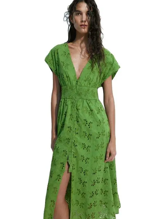 H&m Broderie Anglaise Cotton Midi Dress - Green