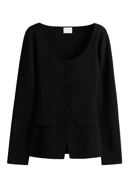 H&m Fitted Rib-knit Cardigan With Scoop Neck - Black
