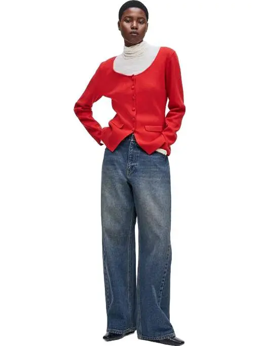 H&m Fitted Rib-knit Cardigan With Scoop Neck - Red