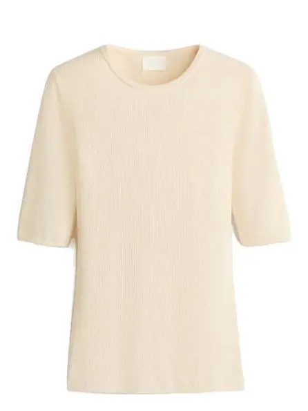 H&m Rib-knit T-shirt With Trim Detail - Cream