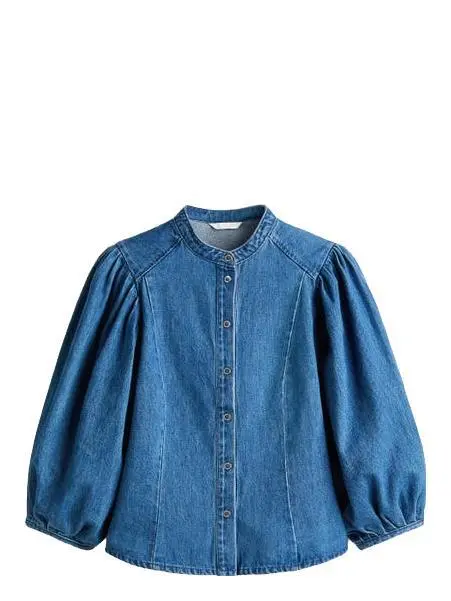H&m Denim Blouse With Band Collar And Balloon Sleeves - Denim Blue