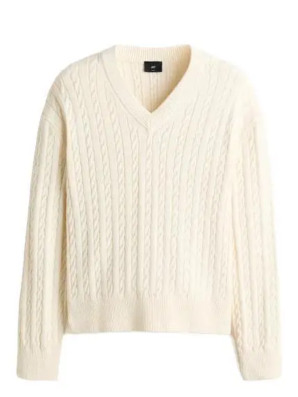H&m Regular Fit Cable-knit V-neck Jumper - White
