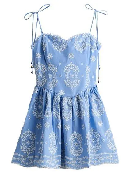 H&m Embroidered Tie-strap Sweetheart Neckline Dress - Light Blue/patterned