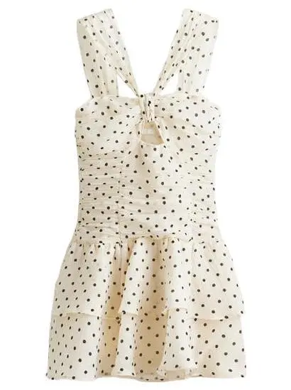 H&m Ruched Flared Skirt Sweetheart Neckline Dress - Light Beige/dotted