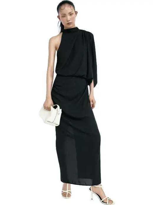 H&m Asymmetrical Draped One-shoulder Maxi Dress - Black