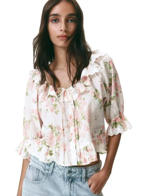 H&m Cotton Blouse With Eyelet Embroidery - Cream/floral