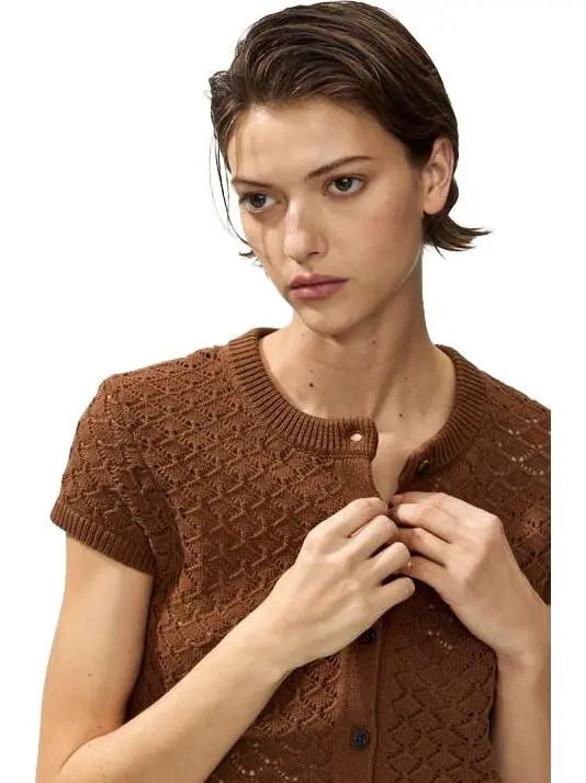 H&m Cap-sleeved Pointelle Knit Cardigan - Brown