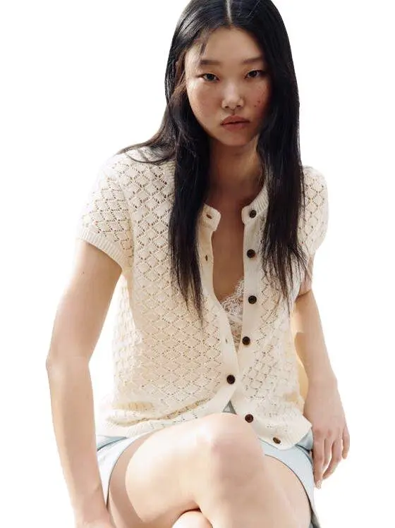 H&m Cap-sleeved Pointelle Knit Cardigan - Light Beige