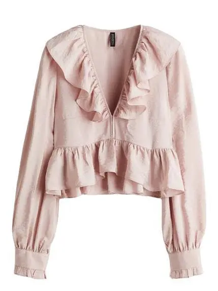 H&m Flounce Collar V-neck Blouse - Powder Pink