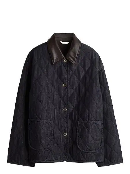 H&m Quilted Denim Jacket With Coated Collar - Dark Denim Blue