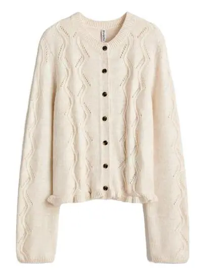 H&m Pointelle-knit Cardigan With Frill Trim - Light Beige